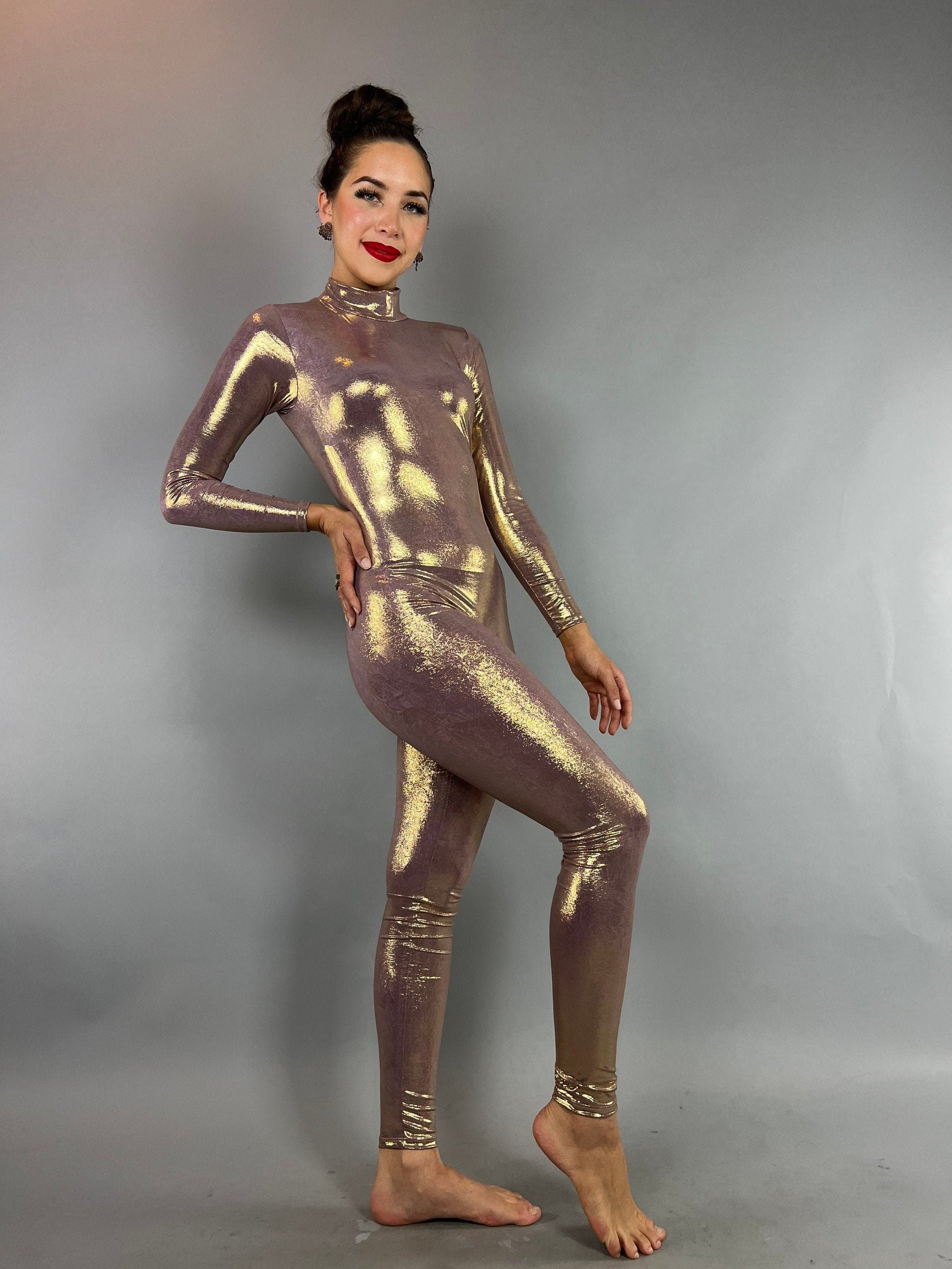 Lavender Gold Metallic Jumpsuit, Futuristic Catsuit, Holographic Bodys ...