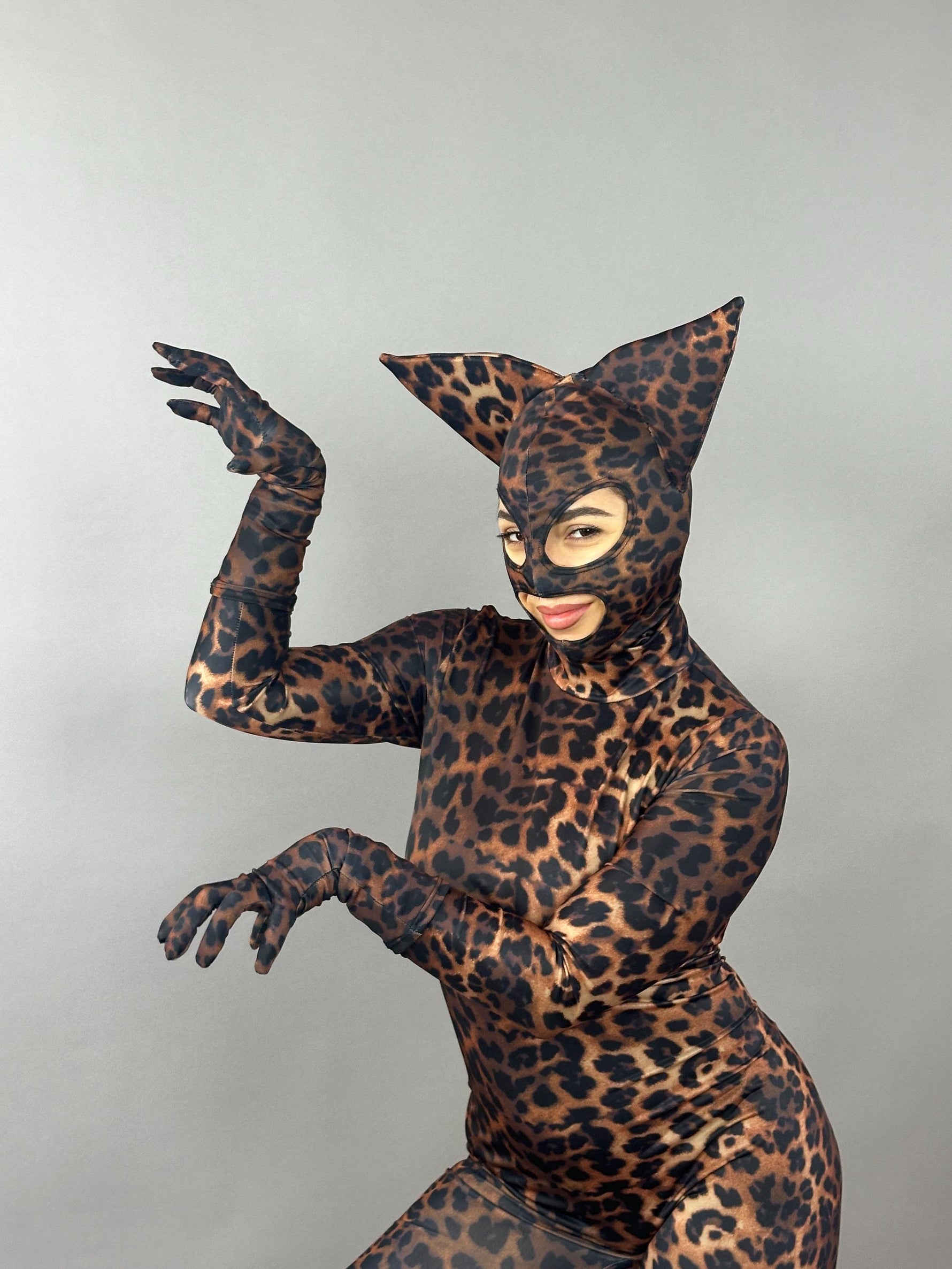 Cheetah Print Catsuit Full Body Costume with Headpiece Gloves and Sock ...